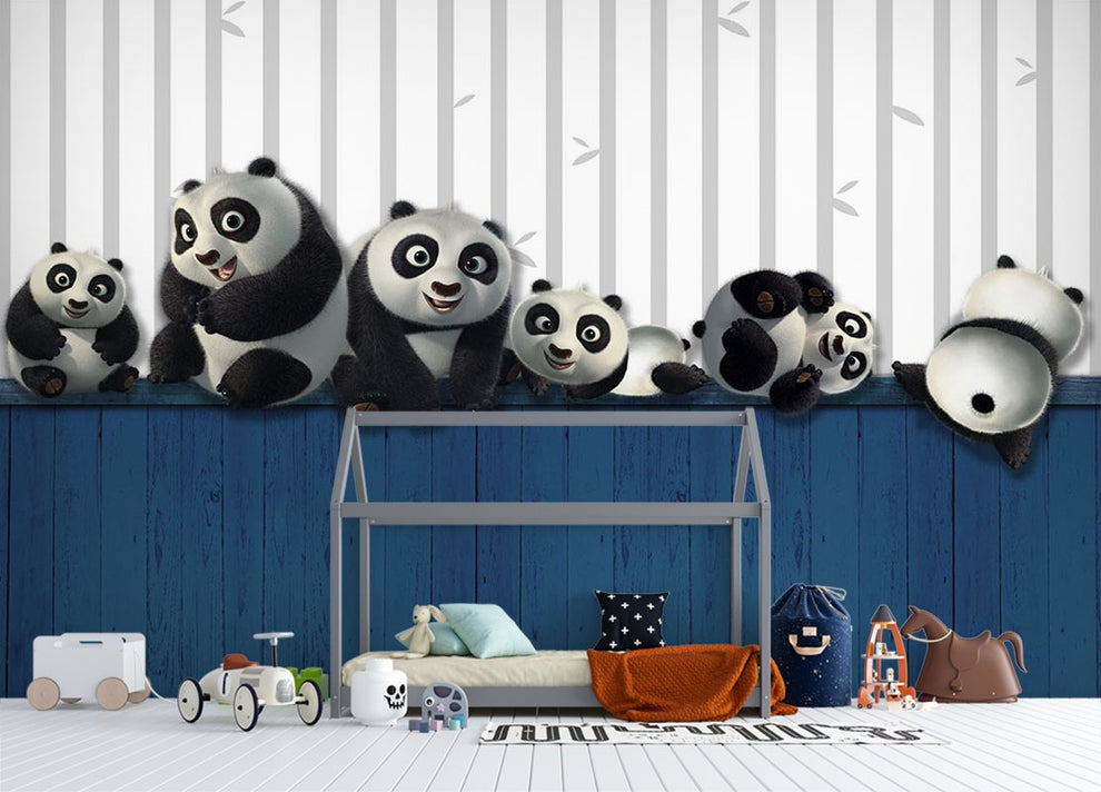 Panda Cartoon Kids Blue Wallpaper Mural - Decorsmarket – DecorsMarket