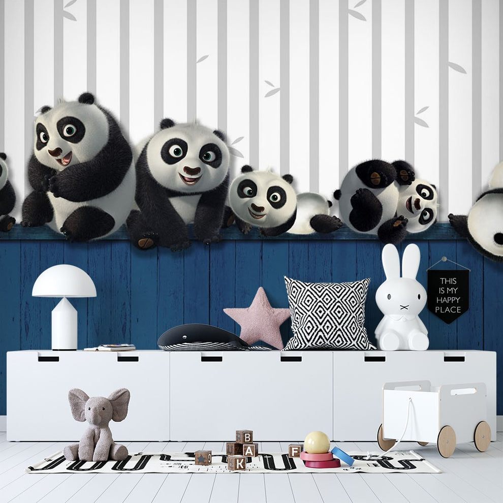 Panda Cartoon Kids Blue Wallpaper Mural - Decorsmarket – DecorsMarket