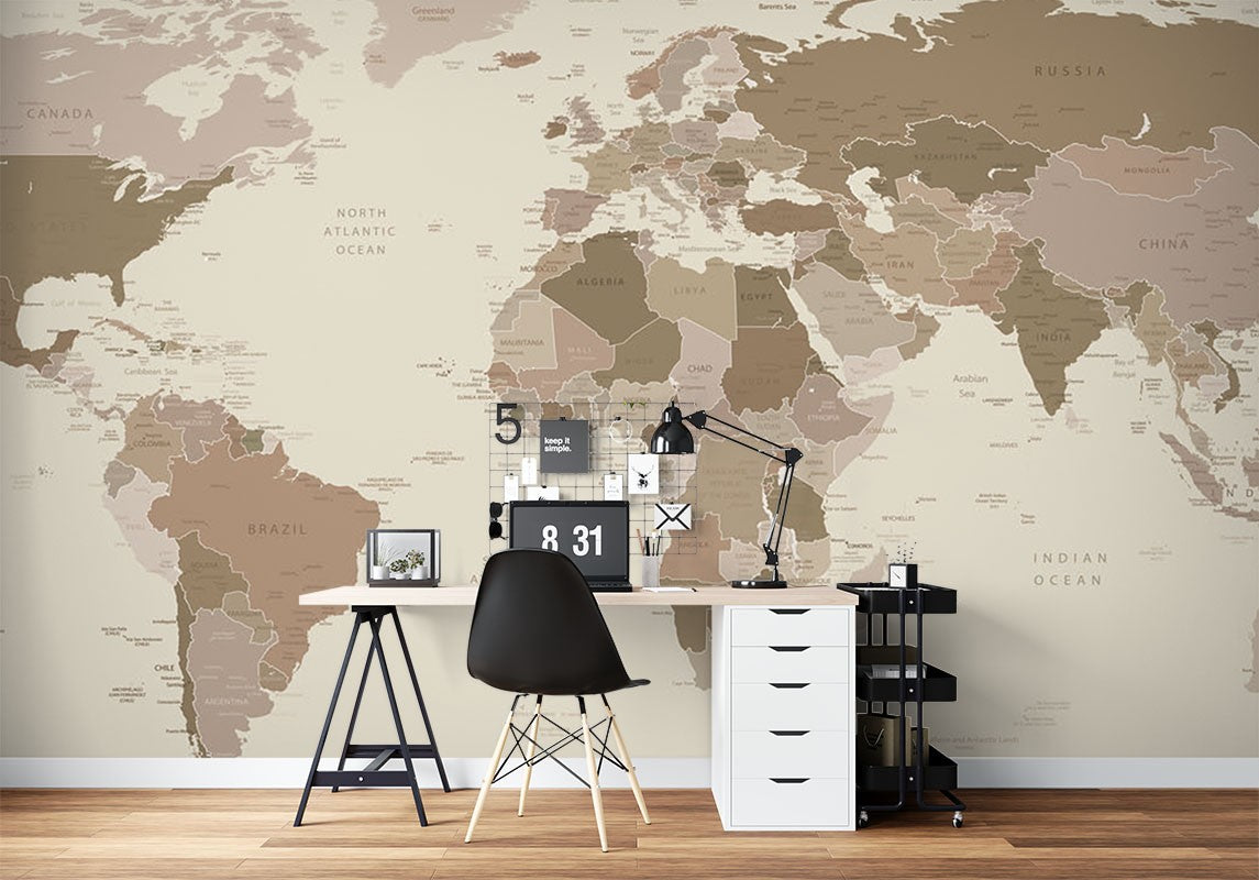World Map Maps World Map Brown Wallpaper Mural - Decorsmarket ...