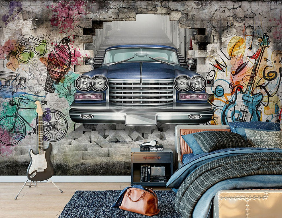 Vintage Car Vehicle Vintage Car Blue Wallpaper Mural - Decorsmarket ...