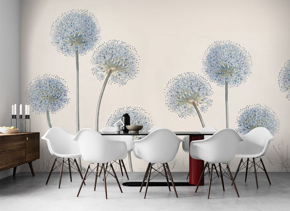 Dandelion Floral Dutch Flowers Blue Wallpaper Mural - Decorsmarket ...