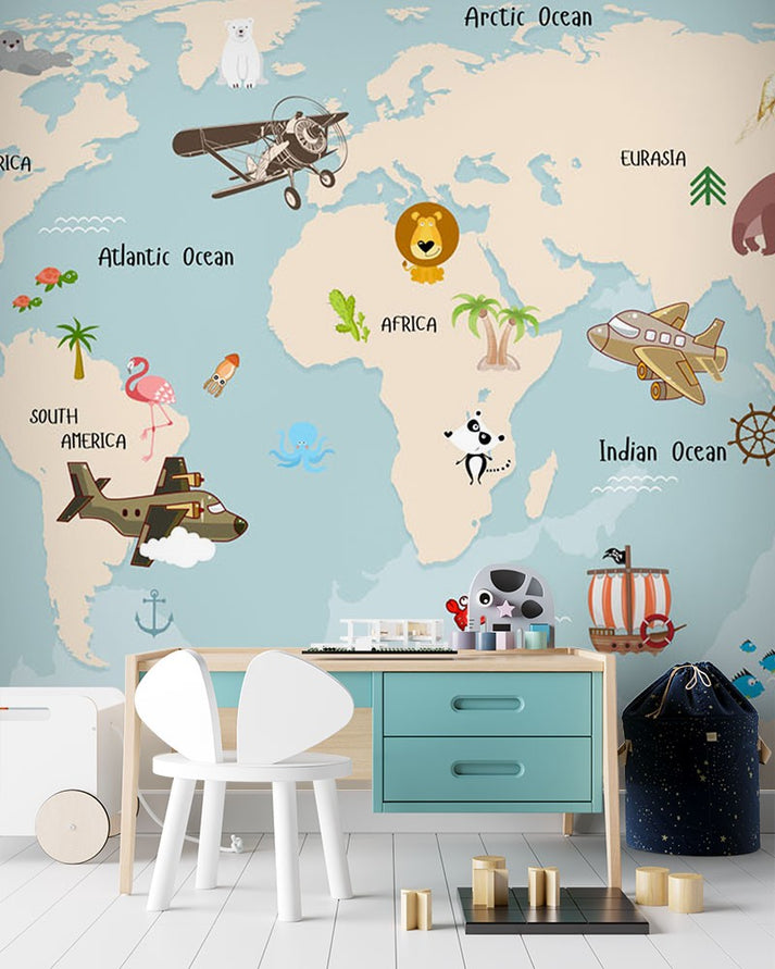 Map Cartoon Kids Kids Map Blue Wallpaper Mural - Decorsmarket ...