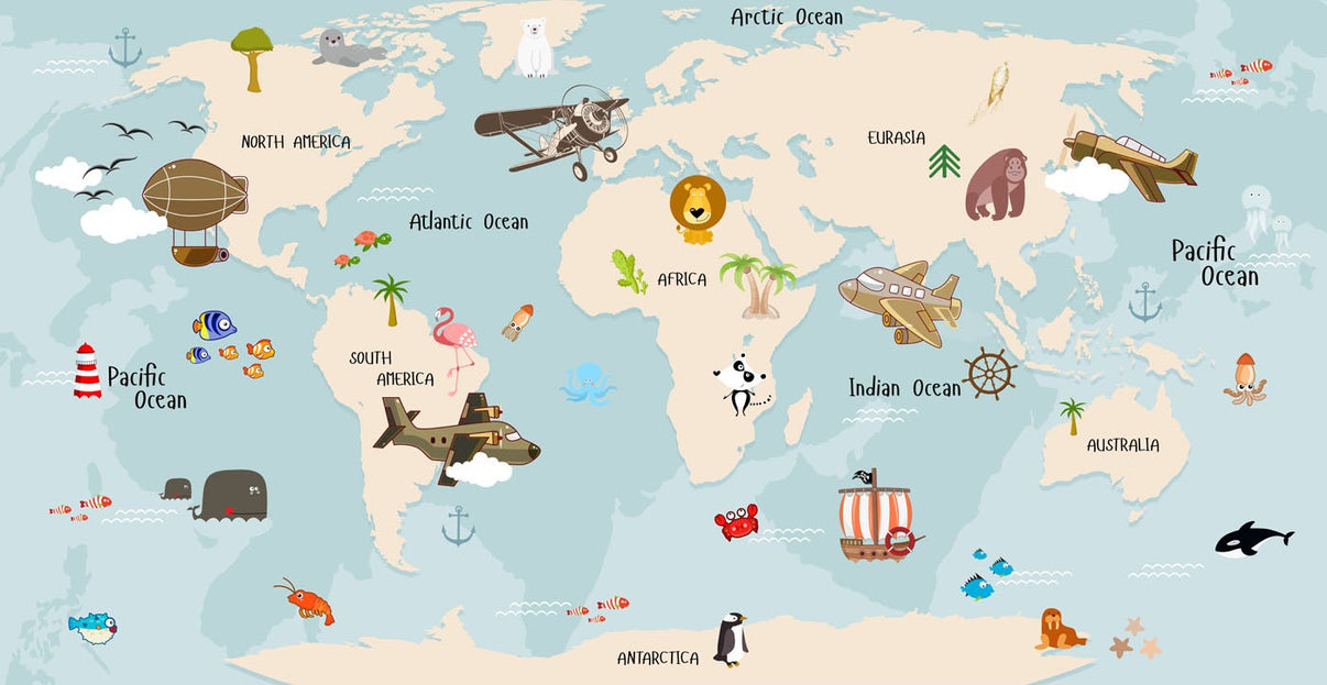 Map Cartoon Kids Kids Map Blue Wallpaper Mural - Decorsmarket ...