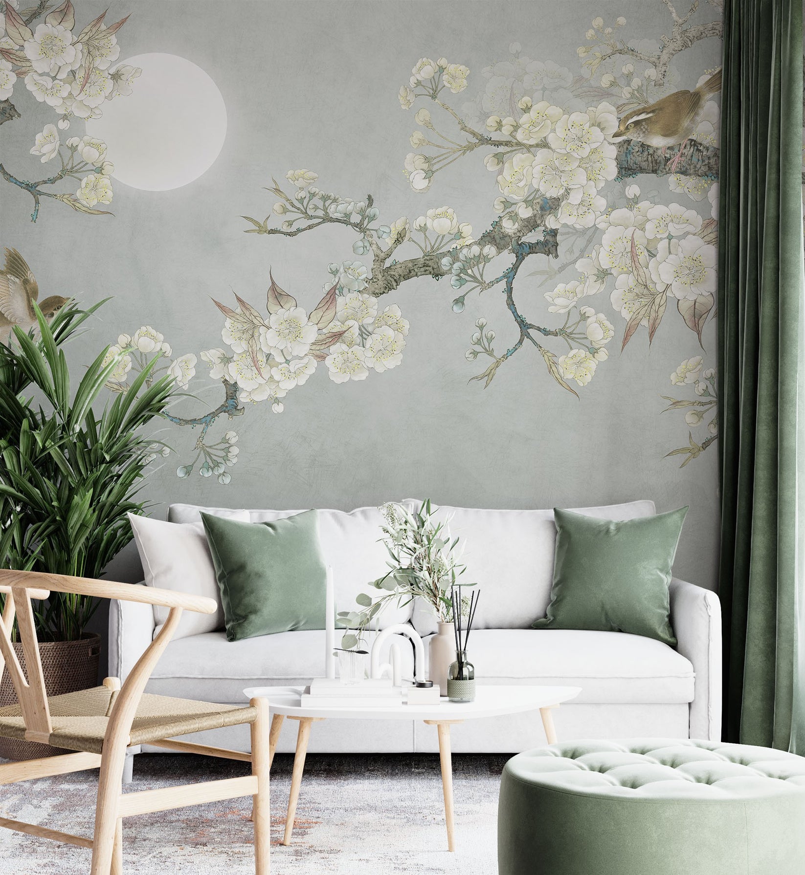 Flower Bird Floral Flowers White Wallpaper Mural - Decorsmarket ...