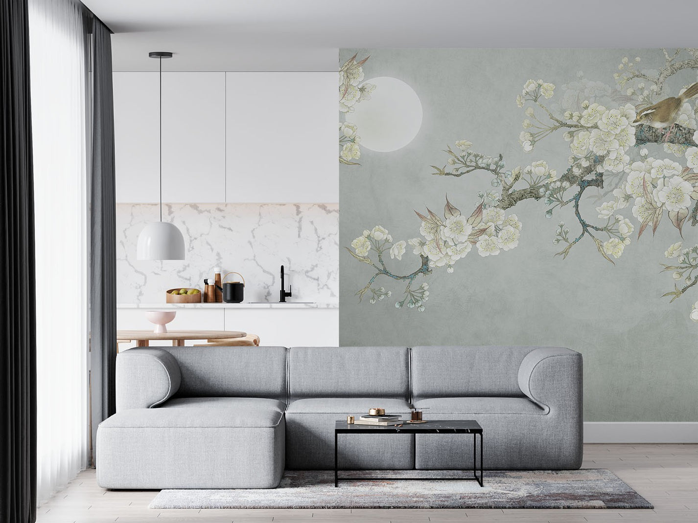 Flower Bird Floral Flowers White Wallpaper Mural - Decorsmarket ...