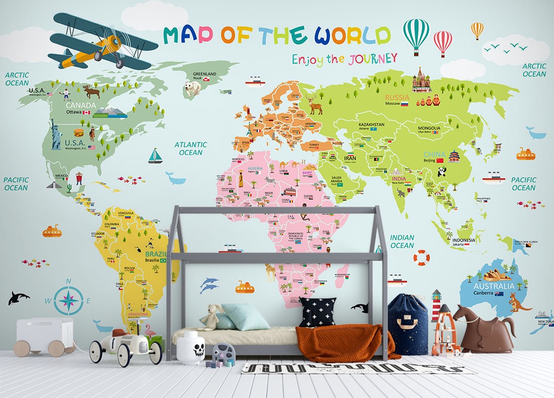 Map Cartoon Kids Kids Map Blue Wallpaper Mural - Decorsmarket ...