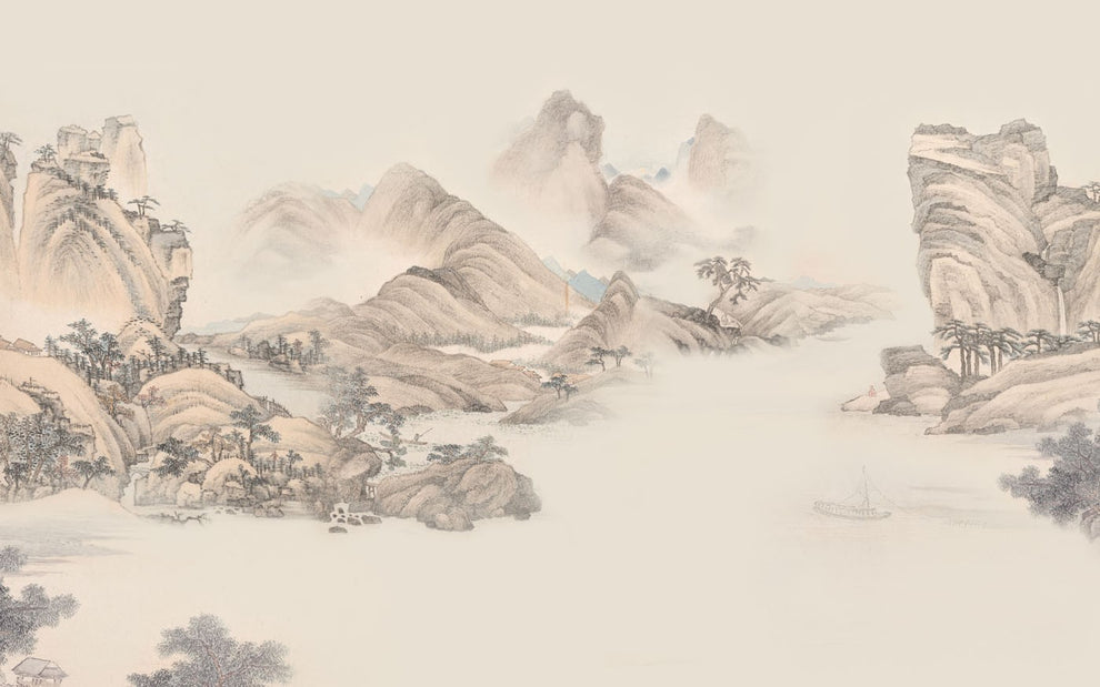 Landscape Art Chinoiserie Neutral Wallpaper Mural - Decorsmarket ...
