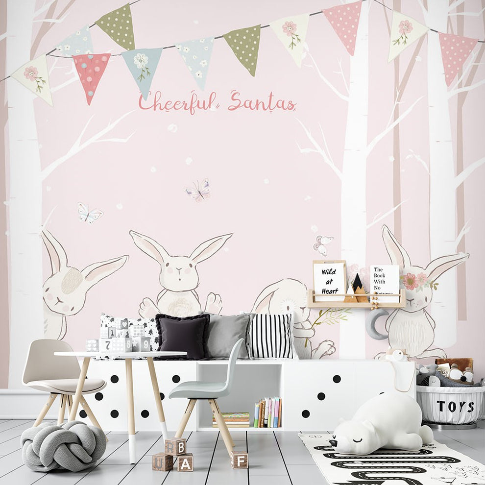 Rabbit Kids Cartoon Pink Wallpaper Mural - Decorsmarket – DecorsMarket