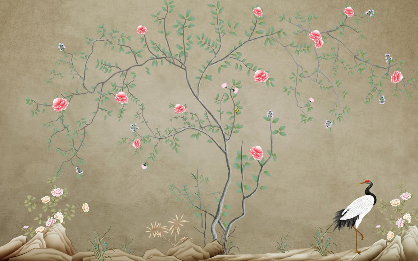 Cranes Tree Art Traditional Brown Wallpaper Mural - Decorsmarket ...