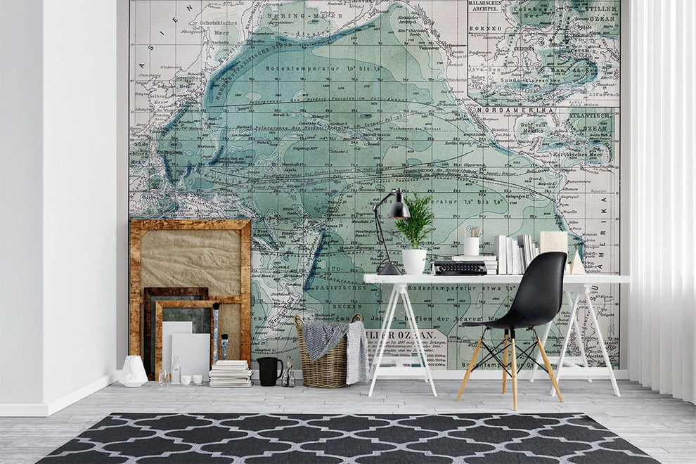 Pacific Map Maps Vintage Map Green Wallpaper Mural - Decorsmarket ...
