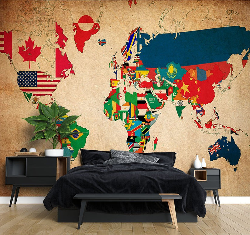 Flag Map Maps Flags Brown Wallpaper Mural - Decorsmarket – DecorsMarket