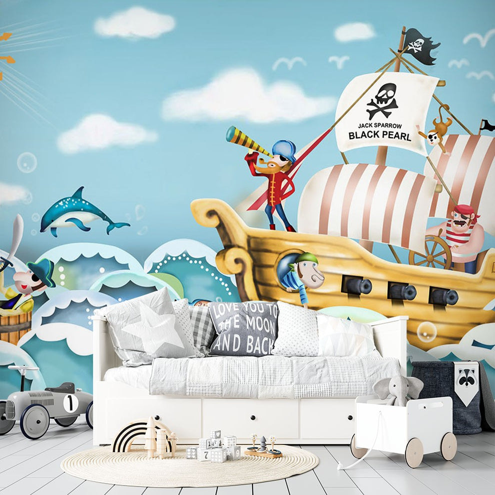 Pirate Ship Kids Cartoon Blue Wallpaper Mural - Decorsmarket – DecorsMarket