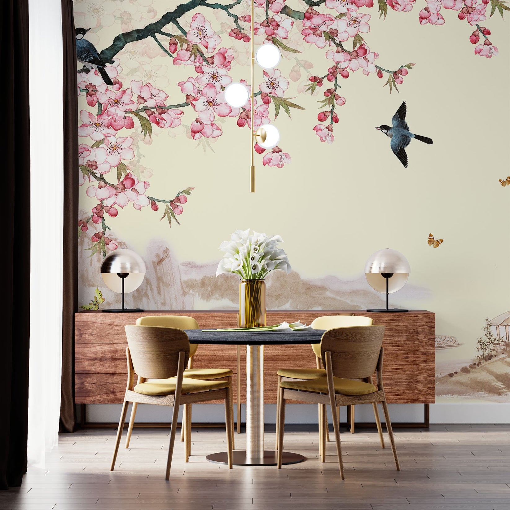 Magpie Floral Flowers Pink Wallpaper Mural - Decorsmarket – DecorsMarket