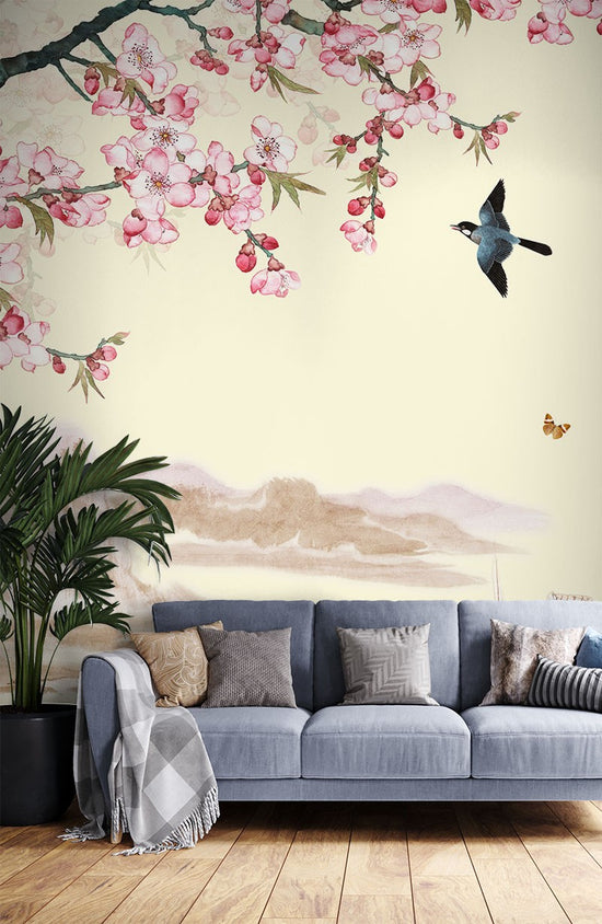 Magpie Floral Flowers Pink Wallpaper Mural - Decorsmarket – DecorsMarket