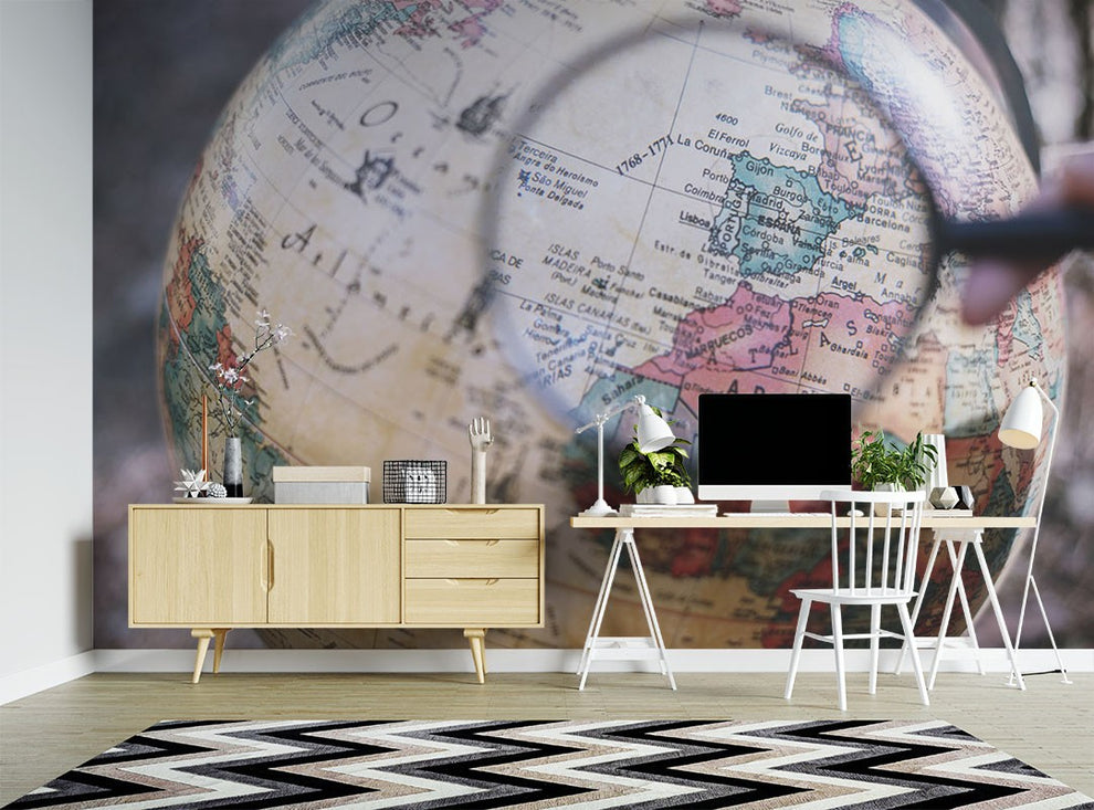 Magnifying Glass World Map Brown Wallpaper Mural - Decorsmarket ...