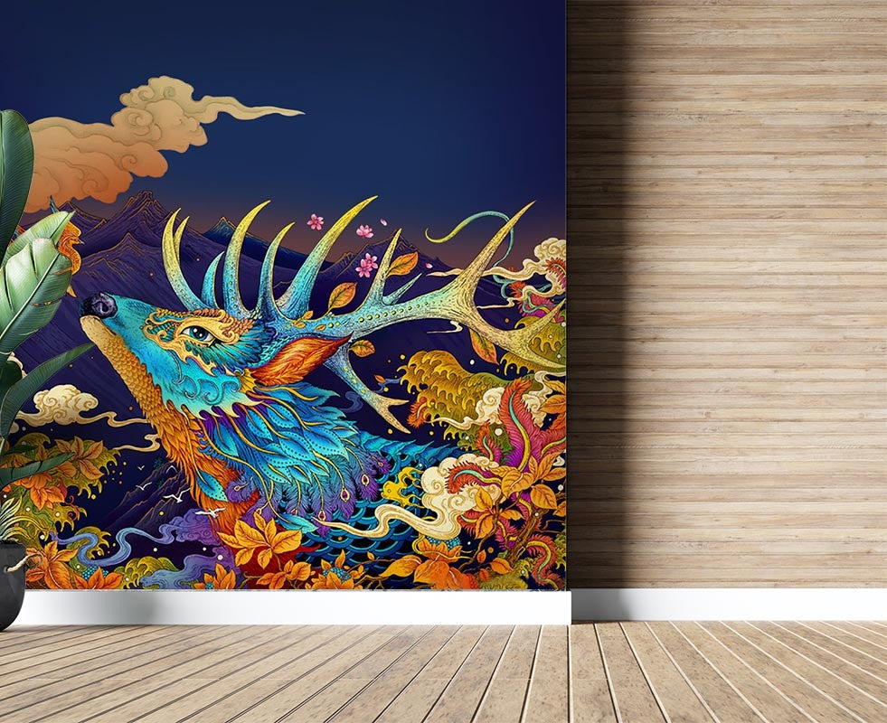 Elk Mystery Art Fantasy Blue Wallpaper Mural - Decorsmarket – DecorsMarket