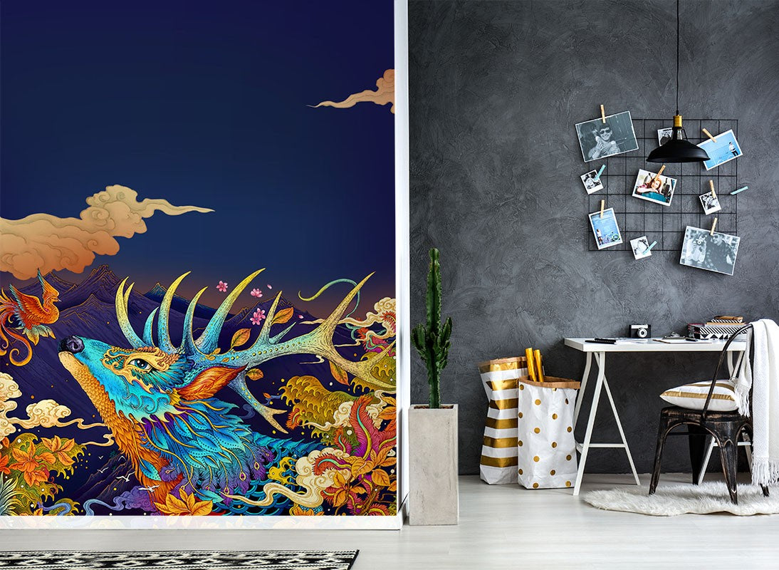 Elk Mystery Art Fantasy Blue Wallpaper Mural - Decorsmarket – DecorsMarket
