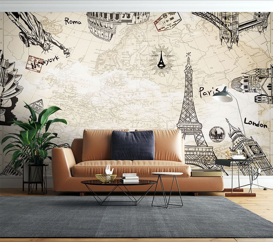 Landmarks Map City Creamy Wallpaper Mural - Decorsmarket – DecorsMarket