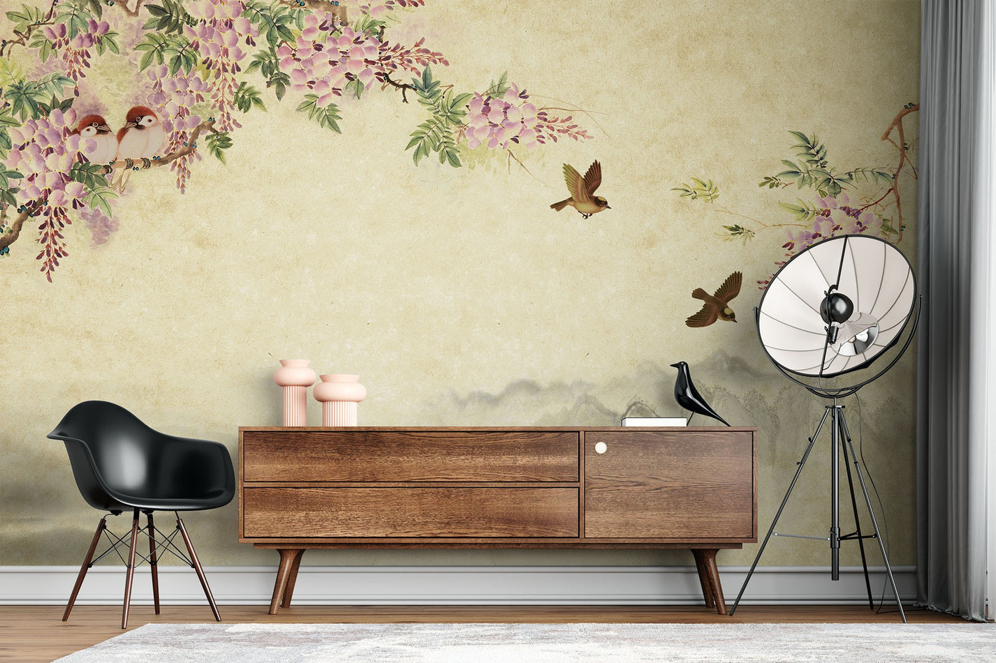 Peony Magpie Floral Flowers Creamy Wallpaper Mural - Decorsmarket ...