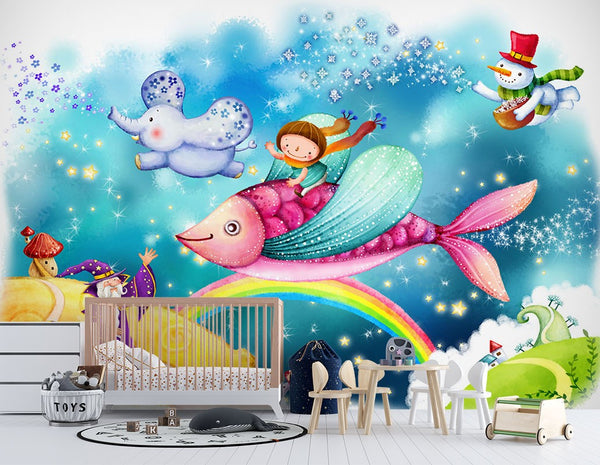 Riding Fish Kids Art For Kids Bright Wallpaper Mural - Decorsmarket ...