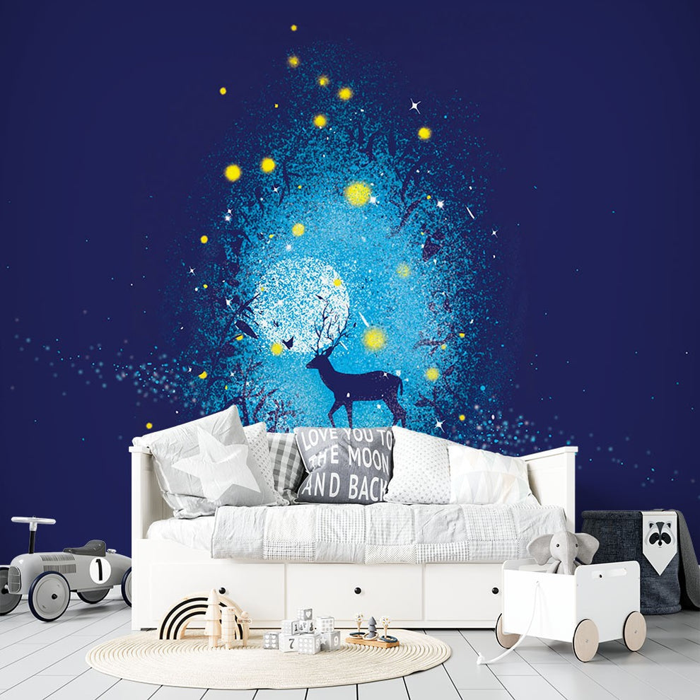 Deer Moon Kids Animal Blue Wallpaper Mural - Decorsmarket – DecorsMarket