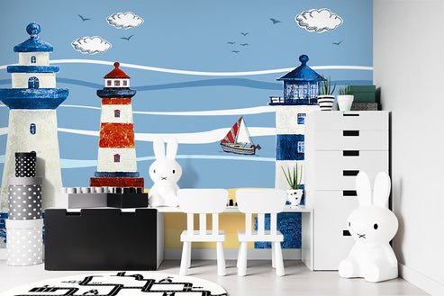 Lighthouse Kids Fantasy Blue Wallpaper Mural - Decorsmarket – DecorsMarket