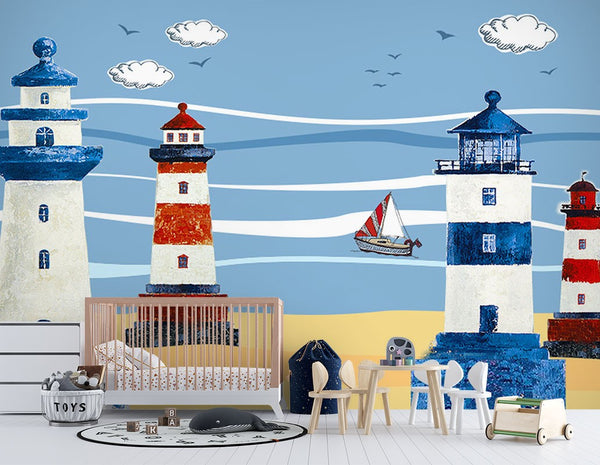 Lighthouse Kids Fantasy Blue Wallpaper Mural - Decorsmarket – DecorsMarket
