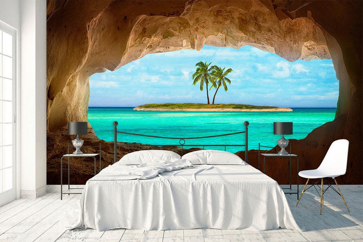 Beach Cave Palm Tree Green Wallpaper Mural - Decorsmarket – DecorsMarket
