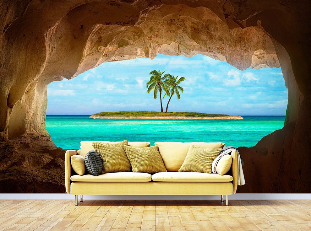 Beach Cave Palm Tree Green Wallpaper Mural - Decorsmarket – DecorsMarket
