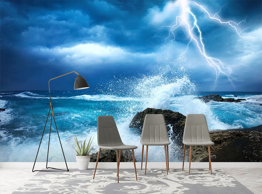 Lightning Storm Nature Sky Blue Wallpaper Mural - Decorsmarket ...